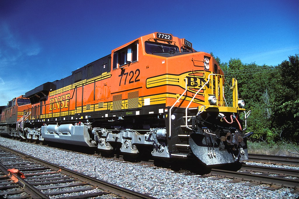 BNSF 7722, GE ES44DC (GEVO), leads an Eastbound Intermodel stack train on the BNSF